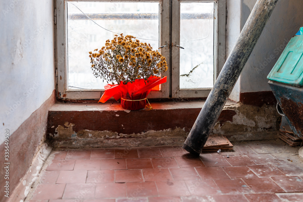 Inside stairway corridor hall in old Soviet apartment building in ...