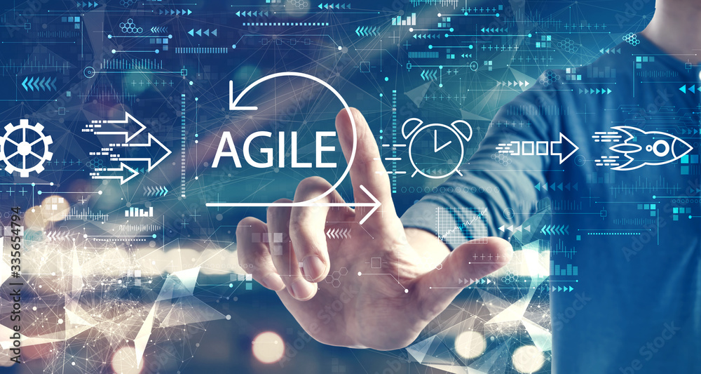 Agile concept with a man on blurred city background Stock Photo | Adobe ...