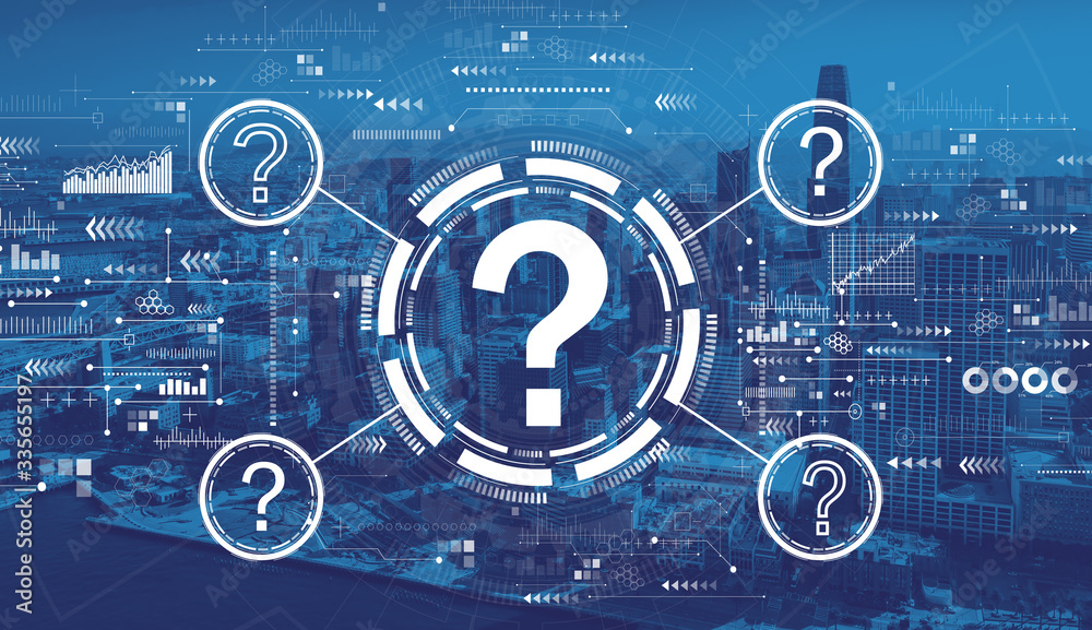 Question marks with downtown San Francisco skyline buildings Stock ...