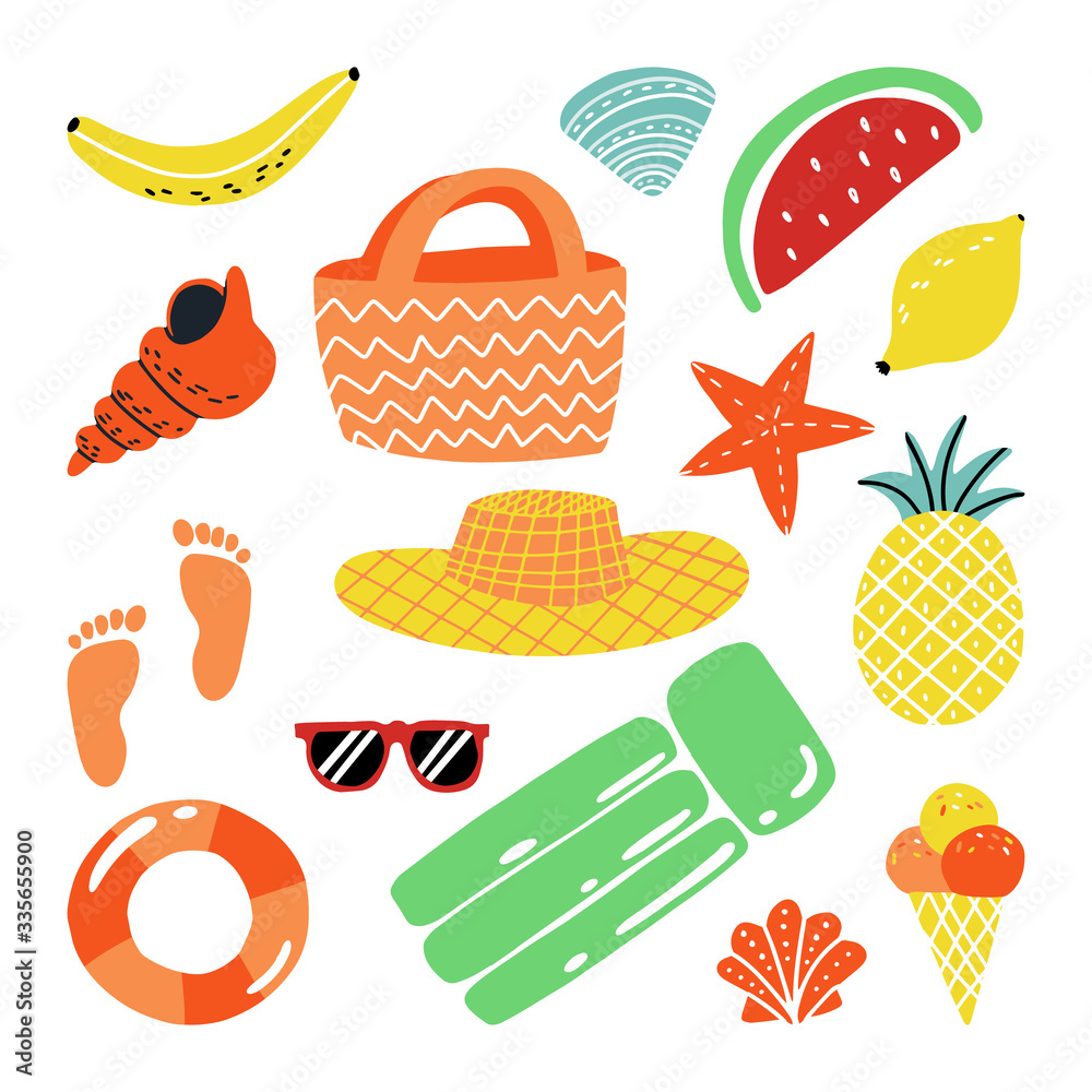 Fun summer stickers and clip-art set. Fruits, beach clothes, shells ...