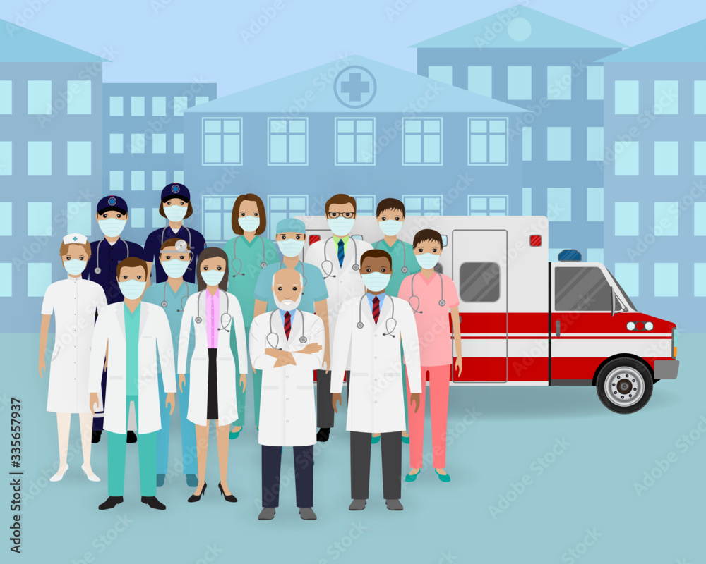 Medical team. Group of doctors and nurses with masks and ambulance car ...