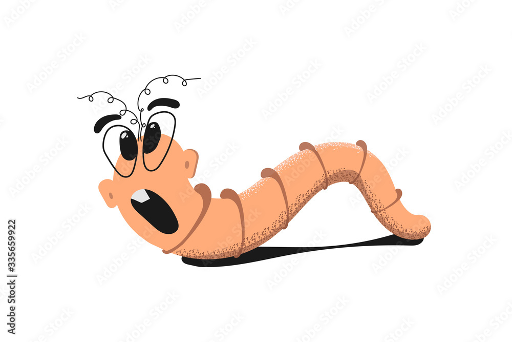 Cute cartoon worm with glasses and scared face. Funny pink earthworm ...