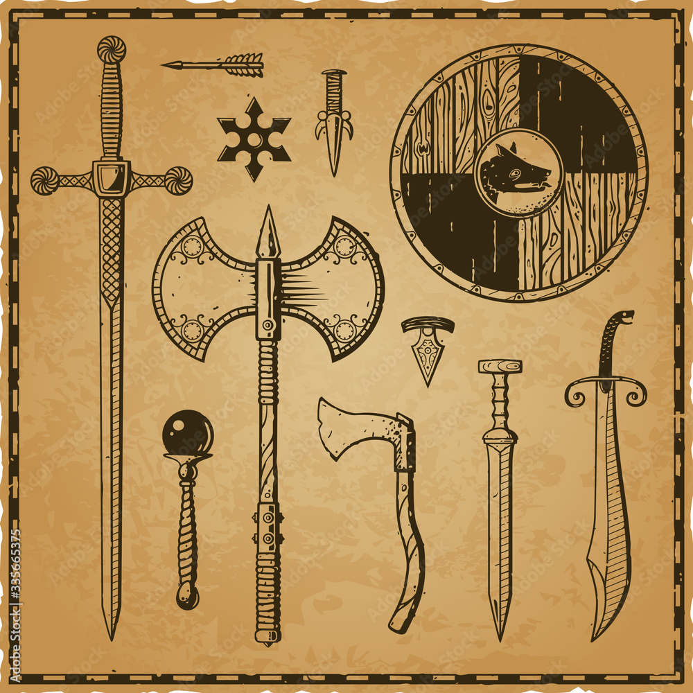 Vector set of ink medieval weapons on a parchment background with a ...