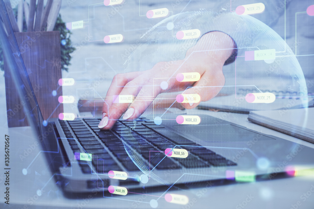 Double exposure of woman hands working on computer and data theme ...