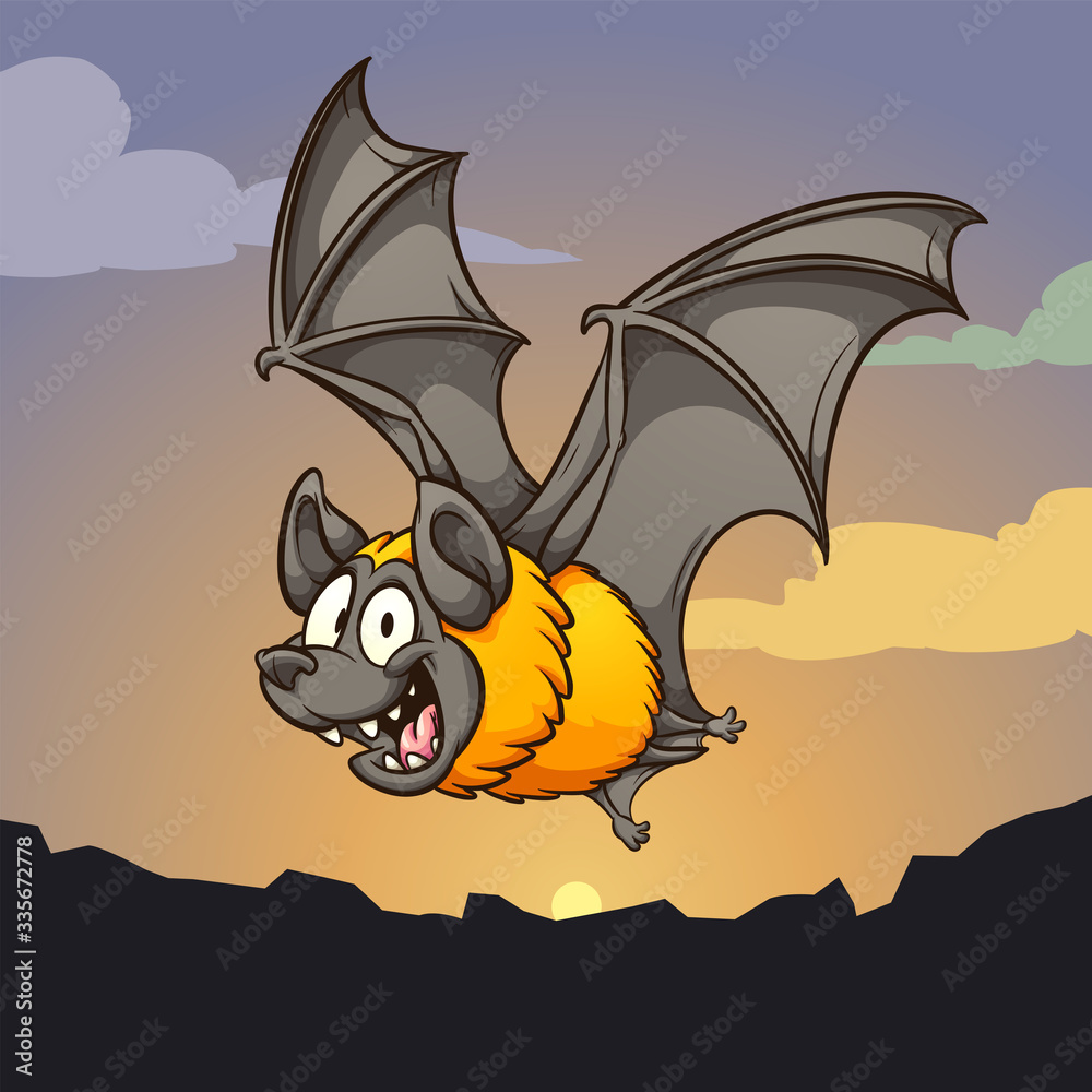 Happy cartoon bat flying on at dusk. Vector cartoon clip art ...