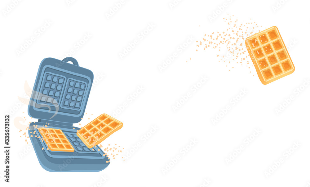 Modern cover with waffle maker for web banner design. Cooking belgian ...