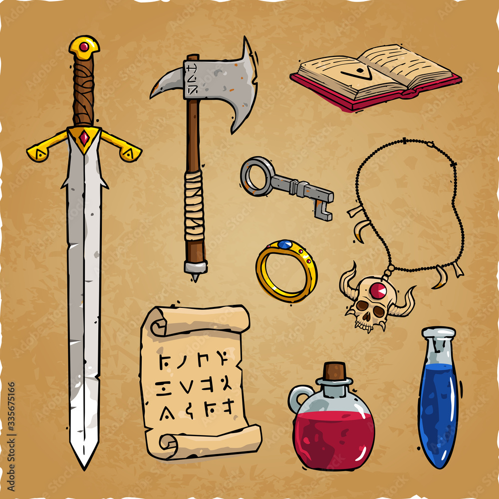 Vector set of medieval fantasy gear illustrations on a parchment ...