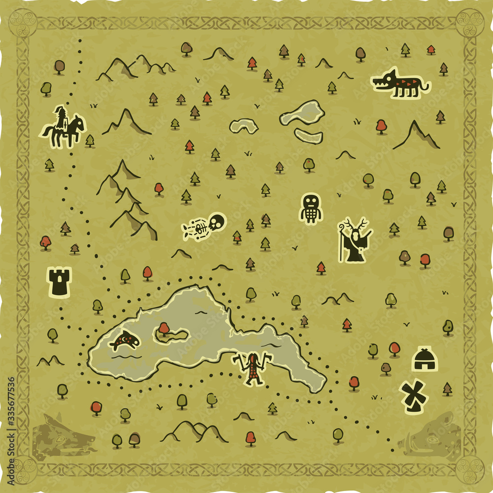 Medieval Celtic adventure map with forests, mountains, lakes, a druid ...