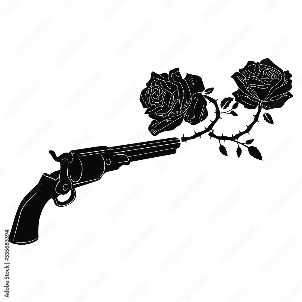 Isolated vector illustration. Vintage revolver shooting with branch of ...