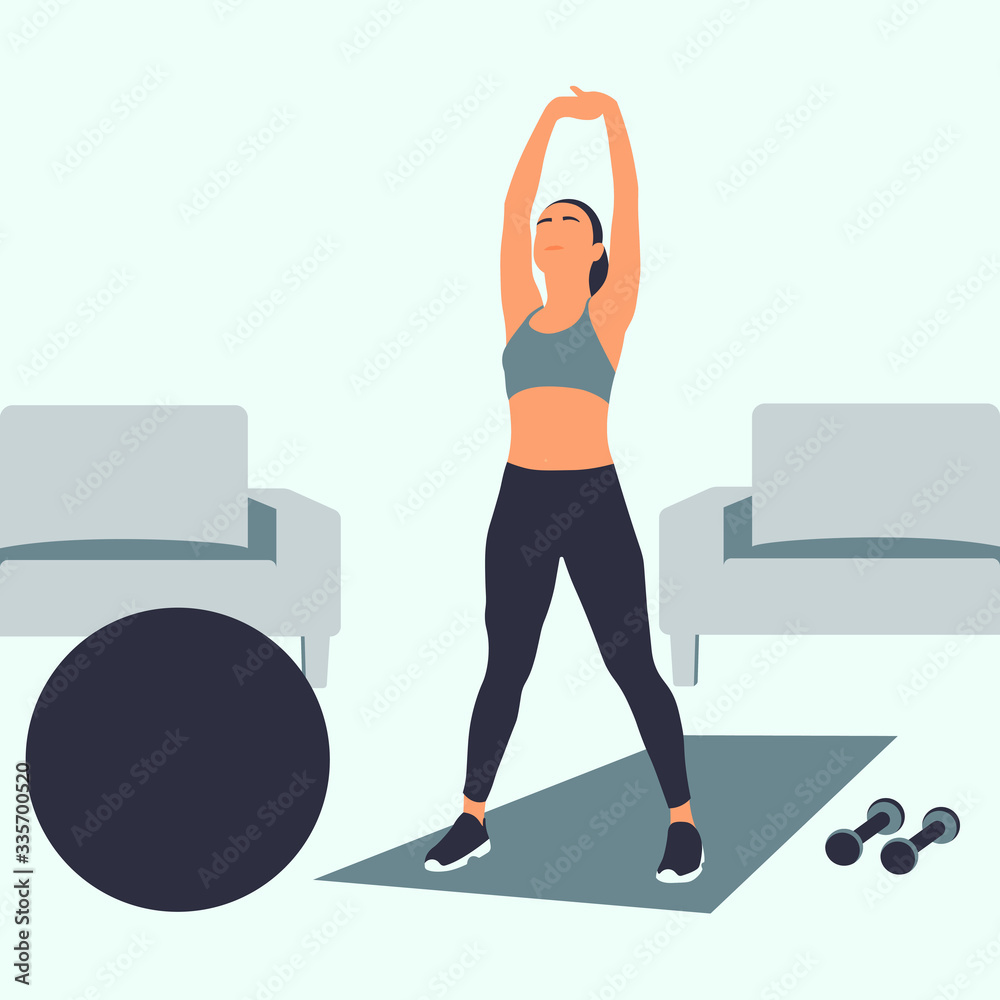 chica joven haciendo ejercicios en casa, entrenamiento, motivación ...