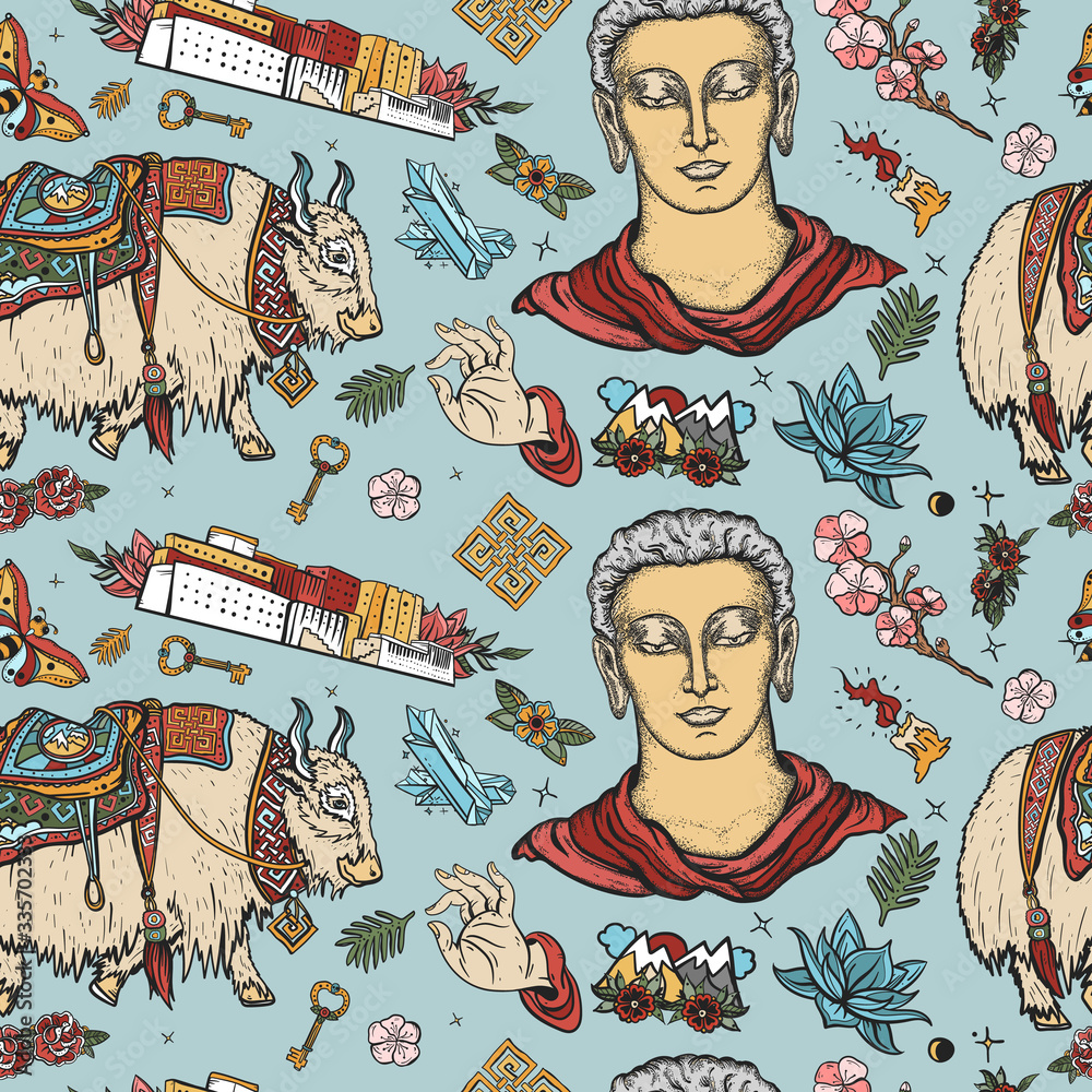 Tibet. Seamless pattern. Buddha face, yak, lotus flowers, mountains ...