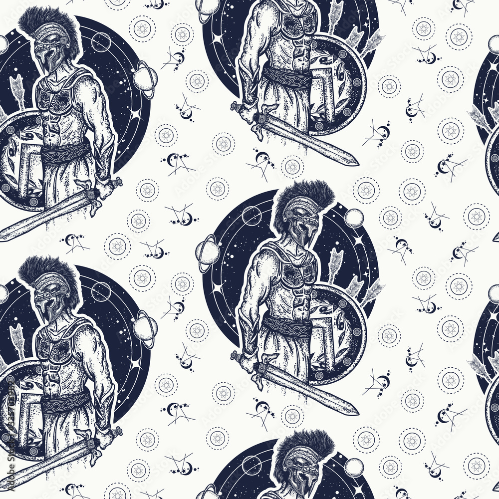 Gladiator spartan warrior holding sword and shield. Seamless pattern ...