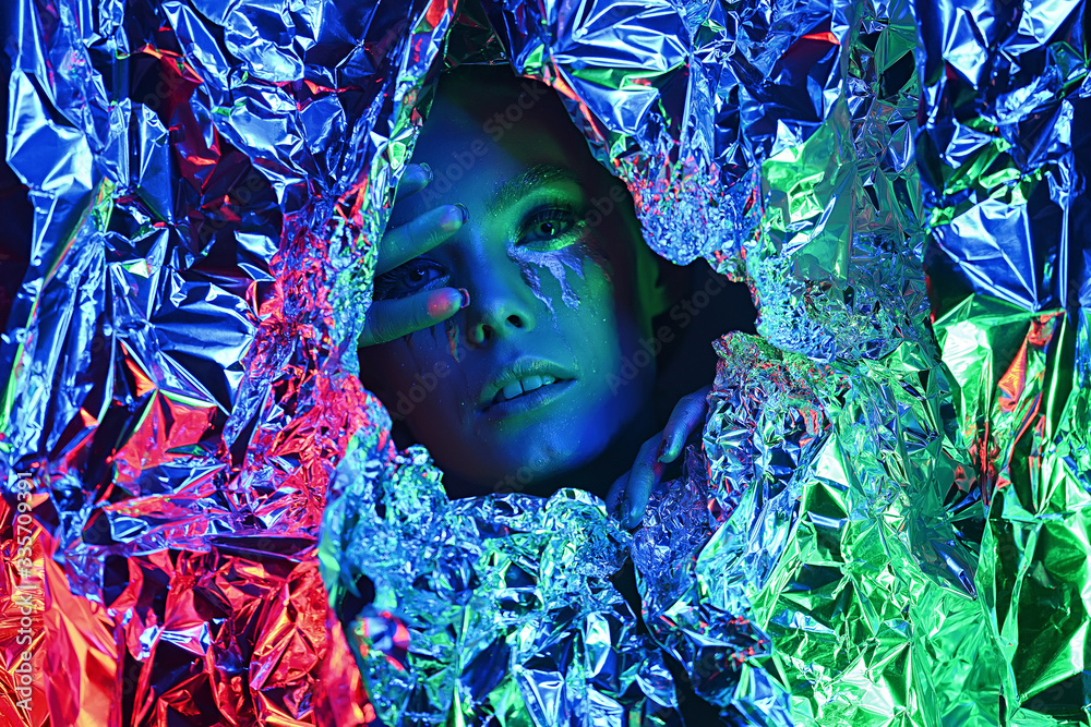 Neon Woman. Fashion model woman in neon light, portrait of beautiful ...
