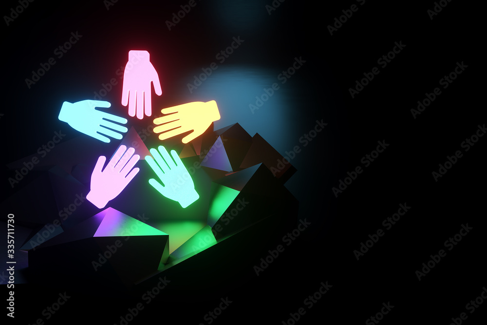 Inclusion, team of workers five multi-colored hand icons on a dark ...