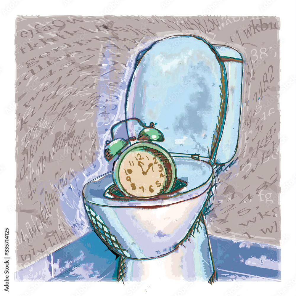 Concept illustrating time wasted or flushed. Pictured is a clock or ...