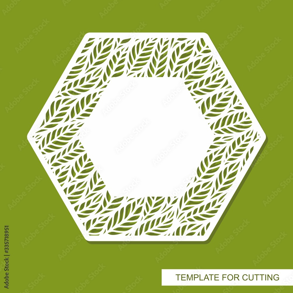 Vector photo frame hexagon with pattern of branches, leaves and copy ...