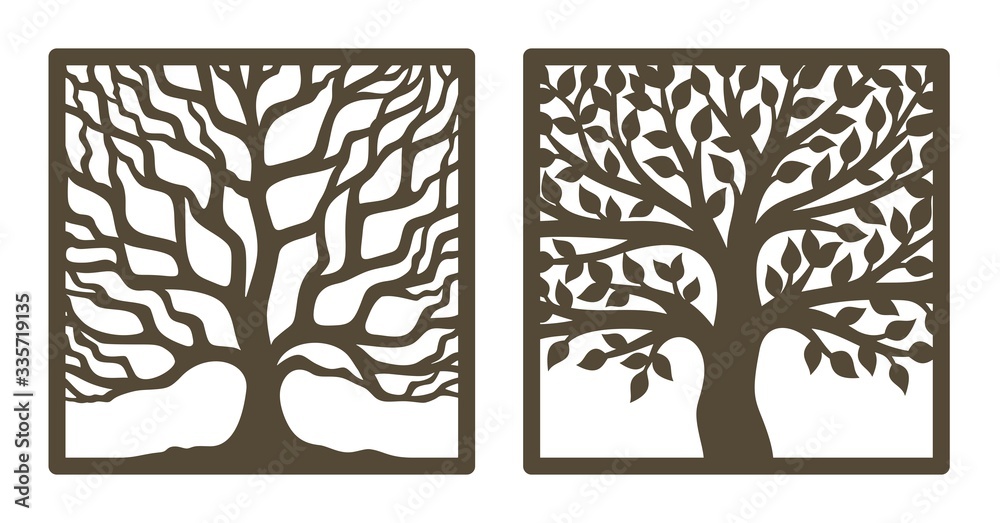 Two trees in a square frame, with and without leaves. Brown trunk ...