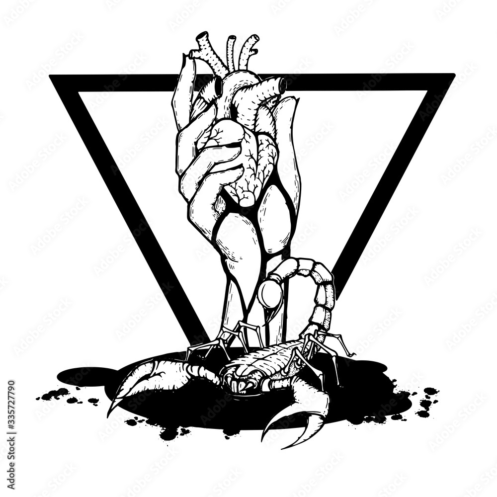 hand heart and scorpion illustration vector. hand draw illustrator ...