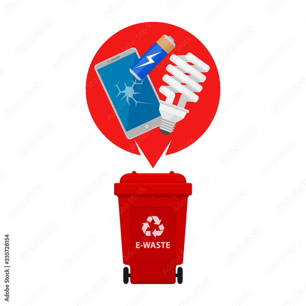 electronic waste and red recycling plastic bin isolated on white ...