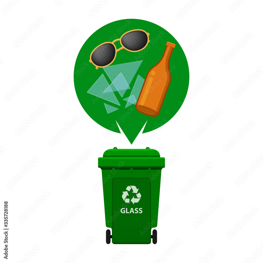 glass waste and green recycling plastic bin isolated on white ...