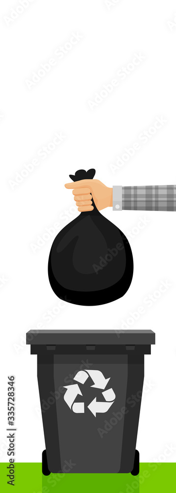 hand holding plastic trash bag and black bin, bags waste and hands ...