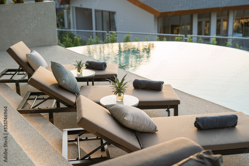 Interior and exterior design of pool villa, house and home feature sun ...