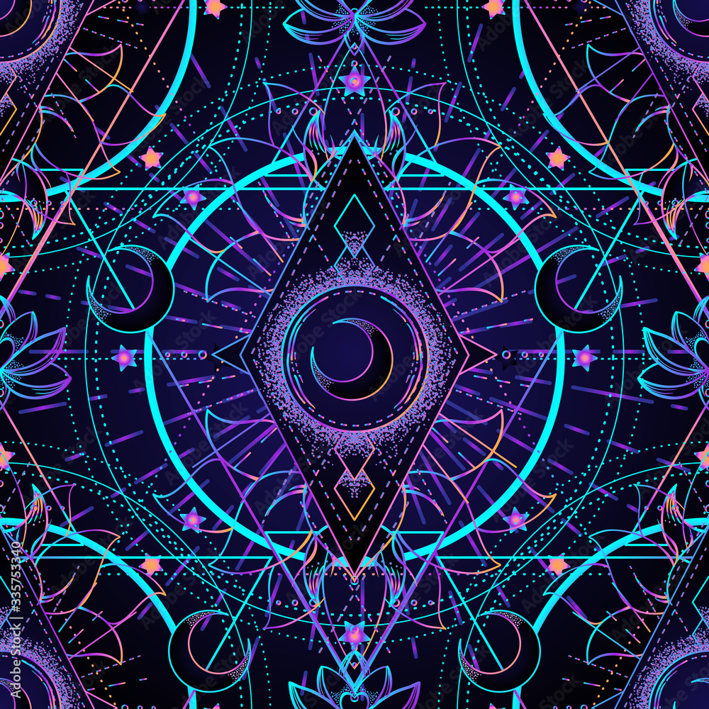 Sacred Geometry seamless pattern. Hindu symbols of wisdom and path to ...