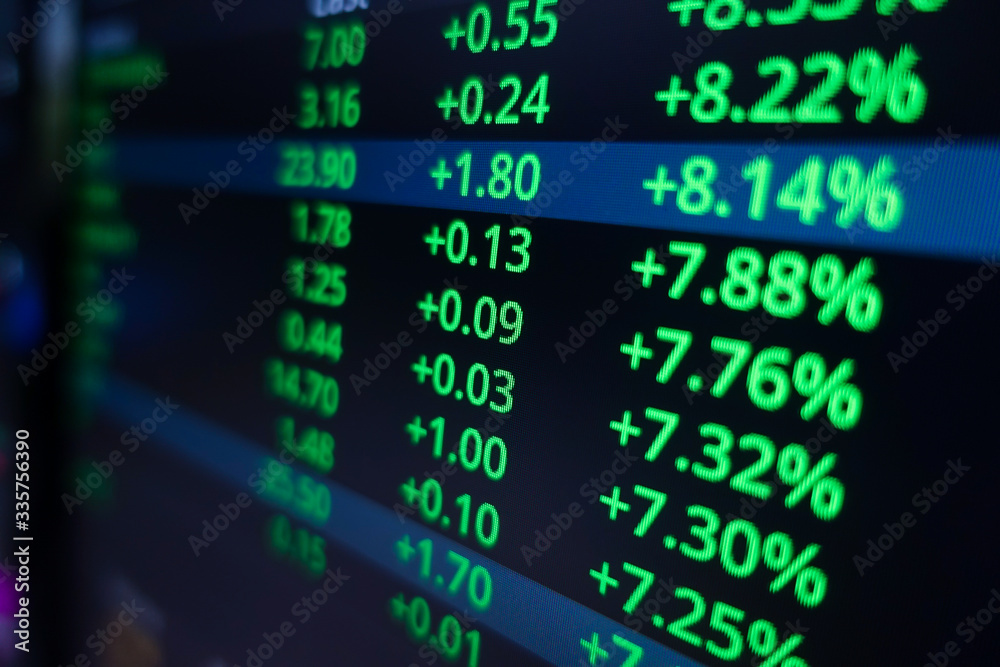 Stock market trading ticker on screen monitor background. Financial ...