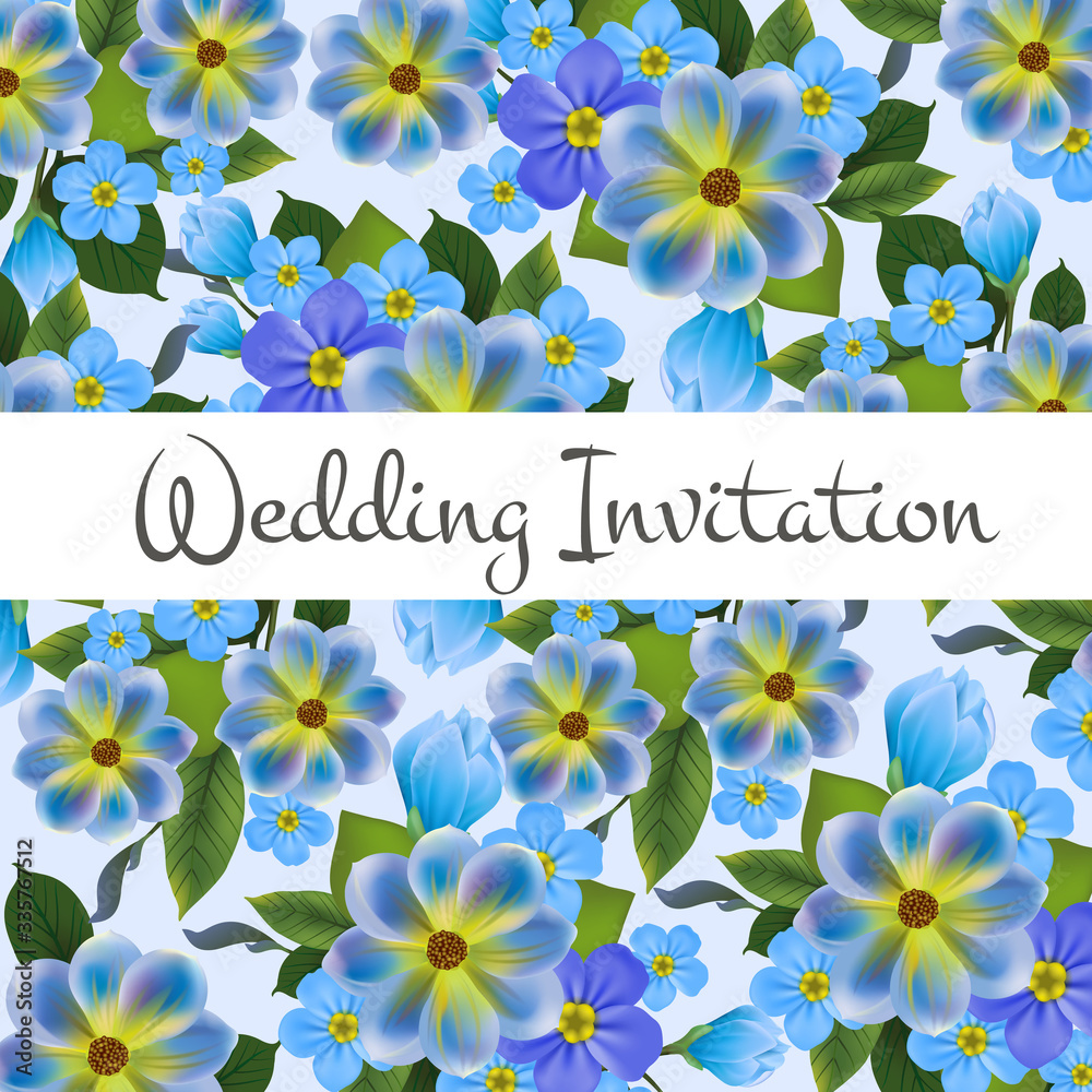 Wedding invitation card design with blue flowers in background. Text on ...
