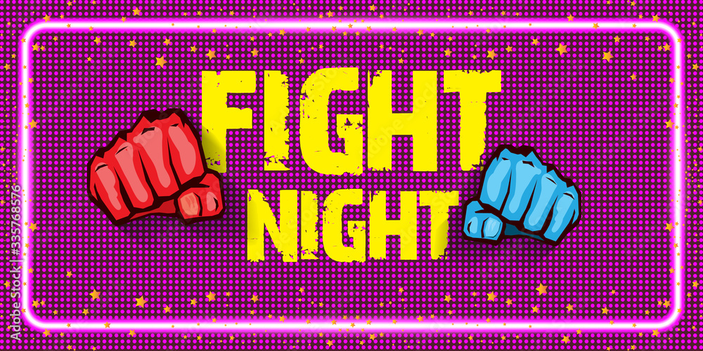 Fight night vector horizontal banner with text and strong fist. mma ...