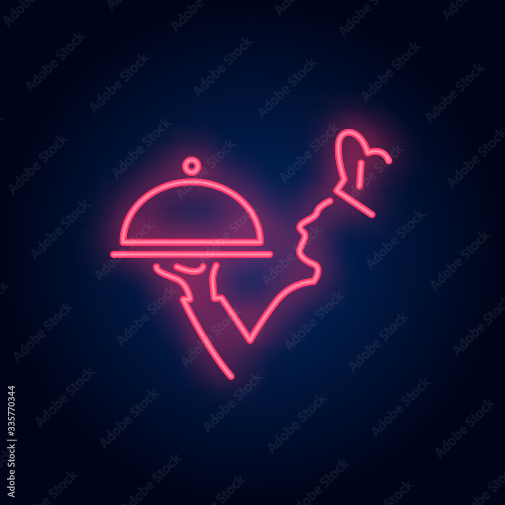 Chief cook holding serving tray neon sign. Cooking, catering service ...