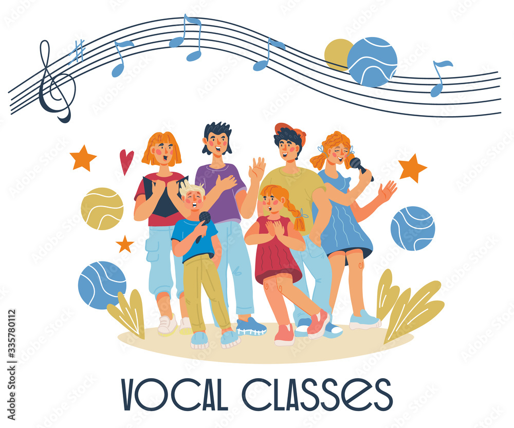 Children vocal classes banner with singing kids cartoon characters ...