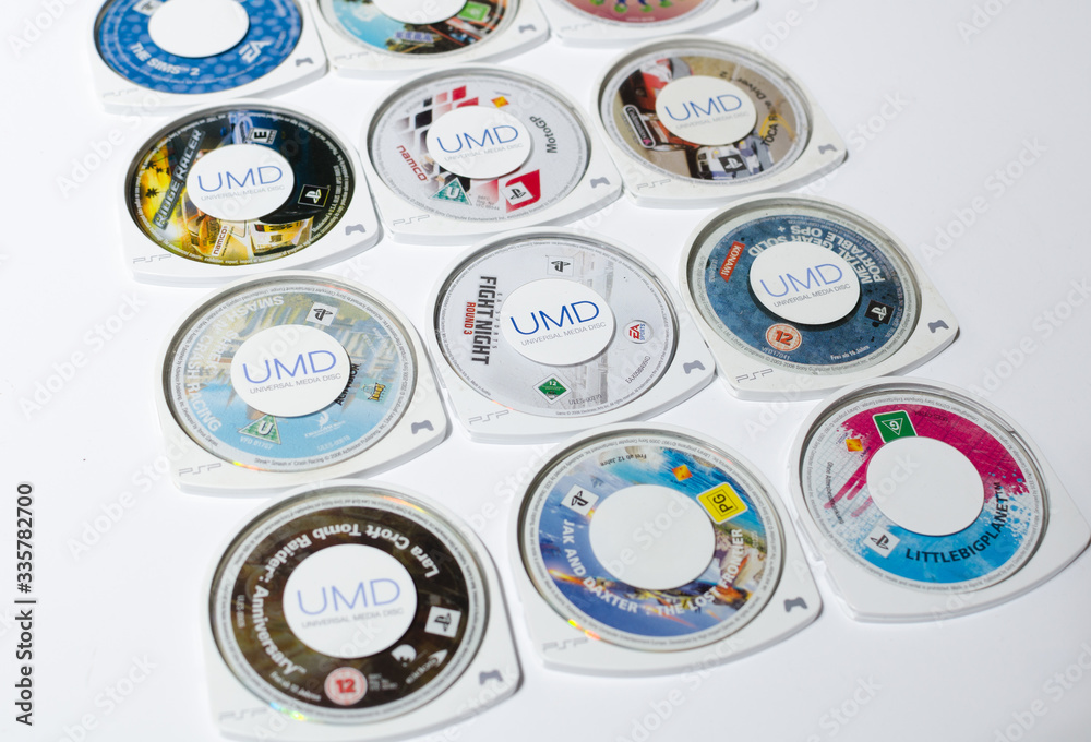 london, england, 05/05/2018 A collection of sony psp video games discs ...