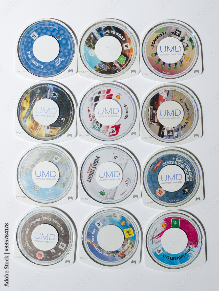 london, england, 05/05/2018 A collection of sony psp video games discs ...