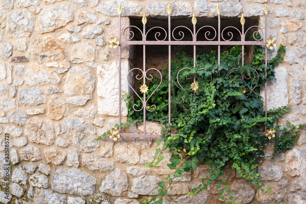 Ornamental window grill with plants Stock Photo | Adobe Stock