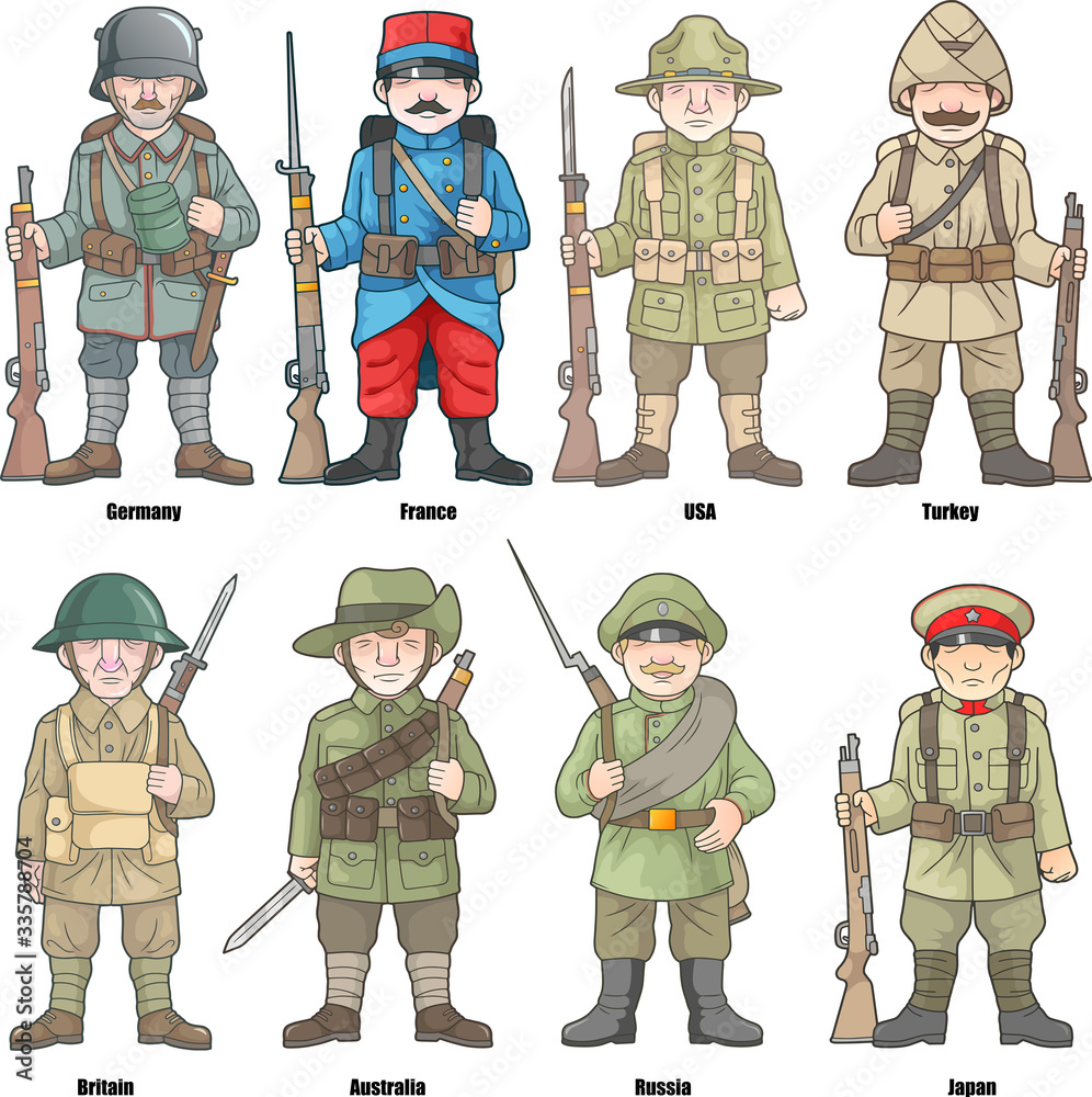 Cartoon soldiers of countries participating in the First World War, set ...