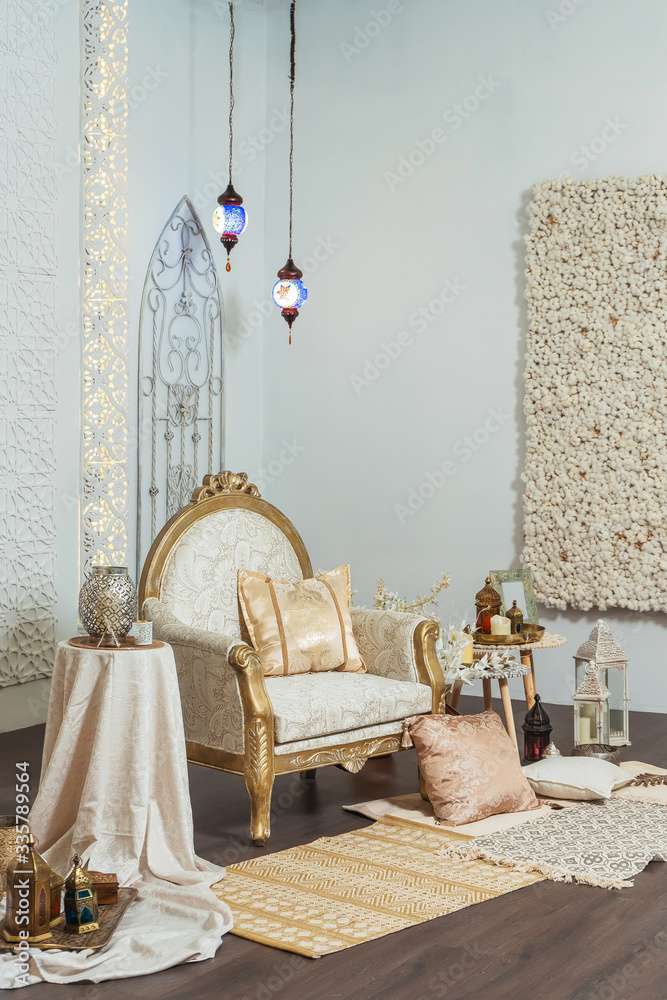 White and gold interior chair and tables in Oriental style. Moroccan ...
