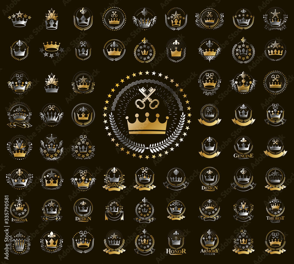 Heraldic Coat of Arms with crowns vector big set, vintage antique ...