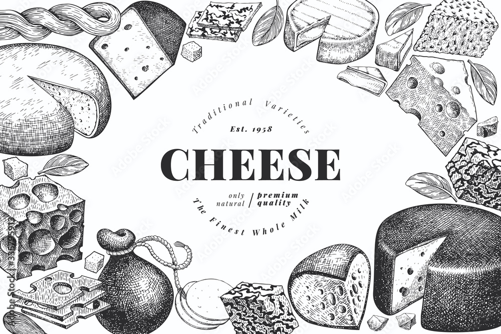 Cheese design template. Hand drawn vector dairy illustration. Engraved ...