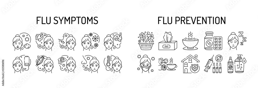 Flu symptoms and prevention black line icons set. Viral diseases, colds ...