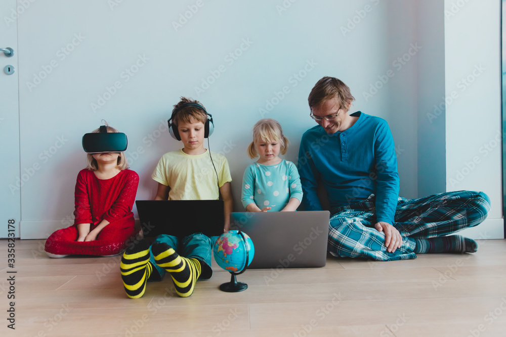 family on distant learning at home, online education for kids Stock ...