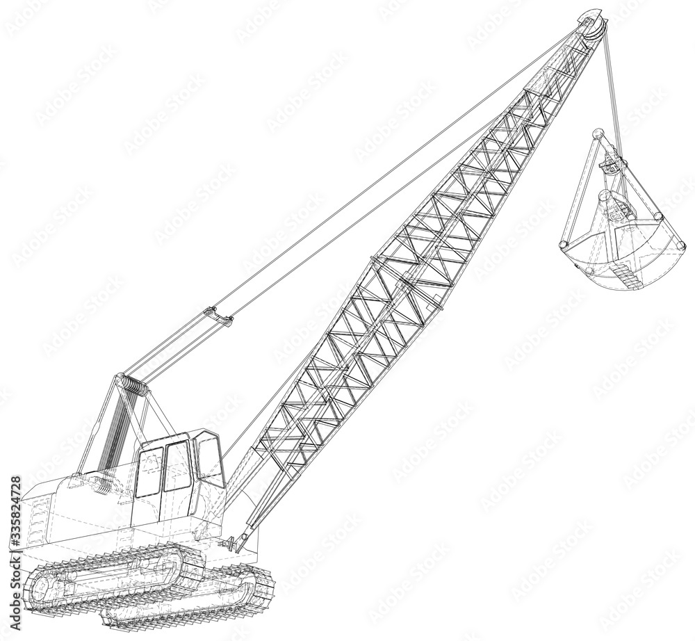 Dragline excavator. The layers of visible and invisible lines are ...
