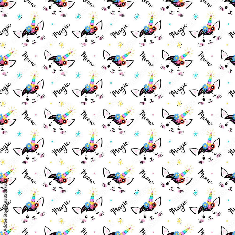 Cute Unicorn Cat Head with Floral Wreath and Lettering Seamless Pattern ...