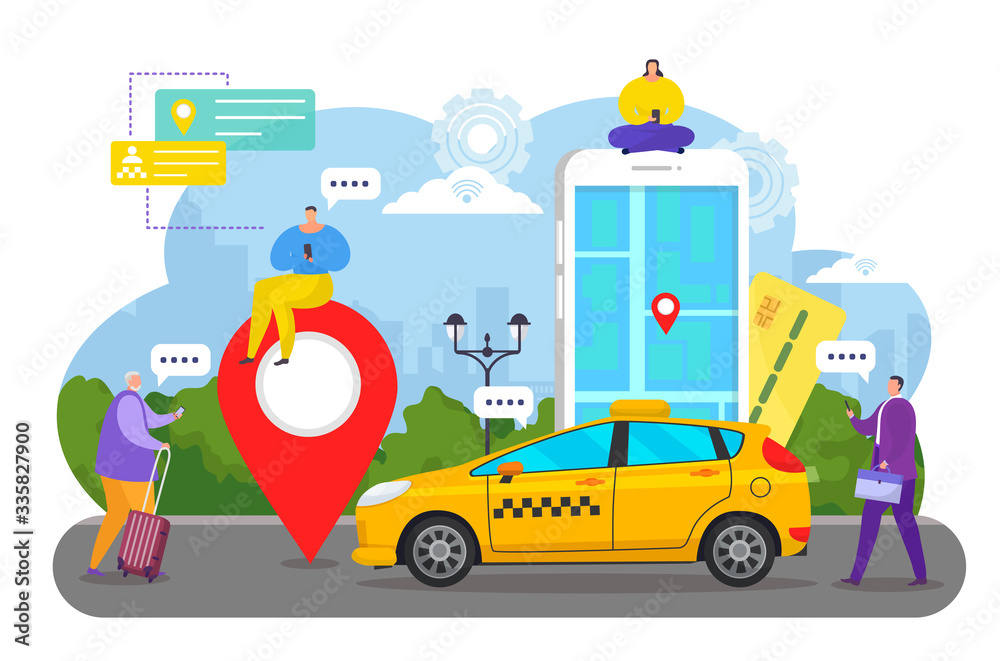 Online car service app vector illustration. Flat cartoon tiny people ...