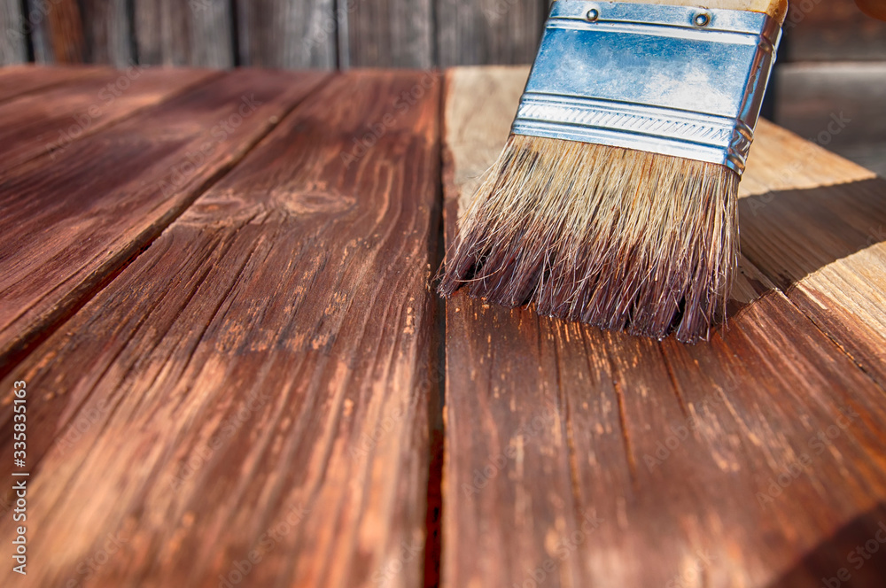 wooden brush paints with stain wood texture boards side view close up ...