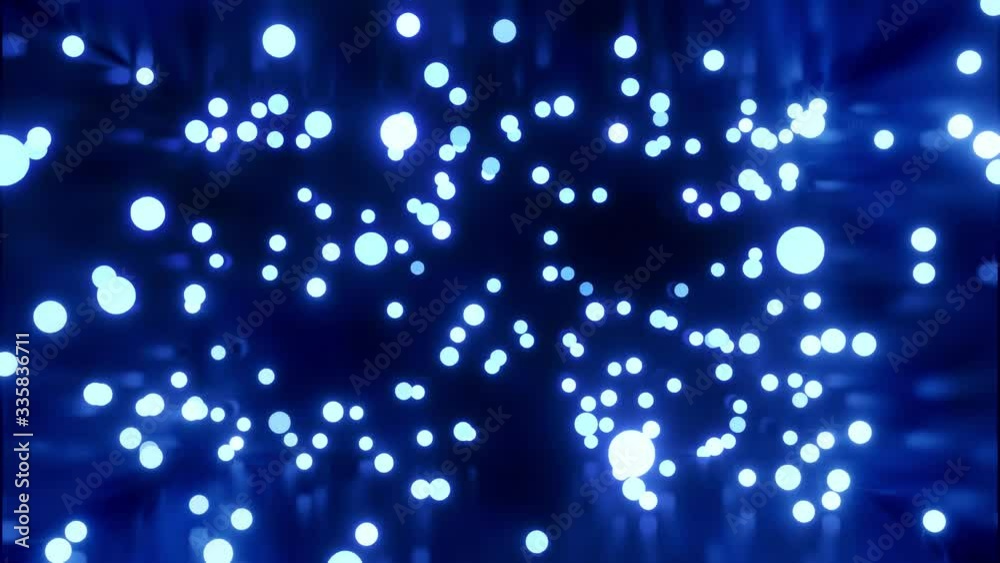 glowing blue balls flash and fly in shiny room. 4k abstract 3D ...