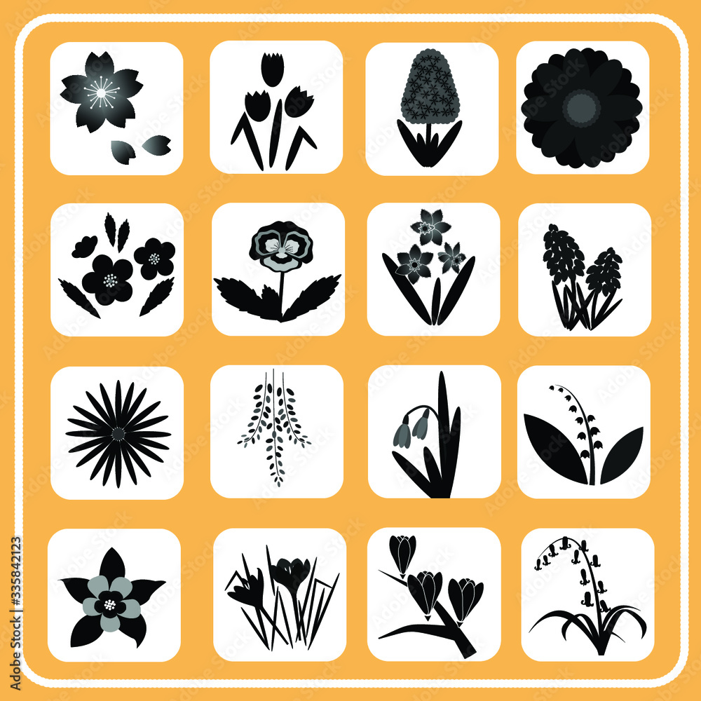 Spring flowers icon set, sakura, magnolia, hyacinth, daffodil ...