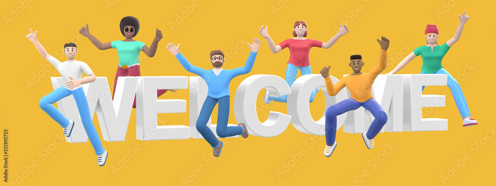 The word welcome on a yellow background. Group of young multicultural ...