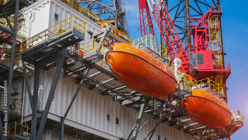 Rescue boat or lifeboat of rig drilling moored alongside in shipyard ...