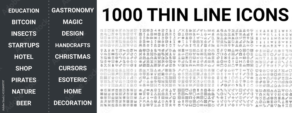 Big set of 1000 thin line icon. Education, bitcoin, insects, startup ...